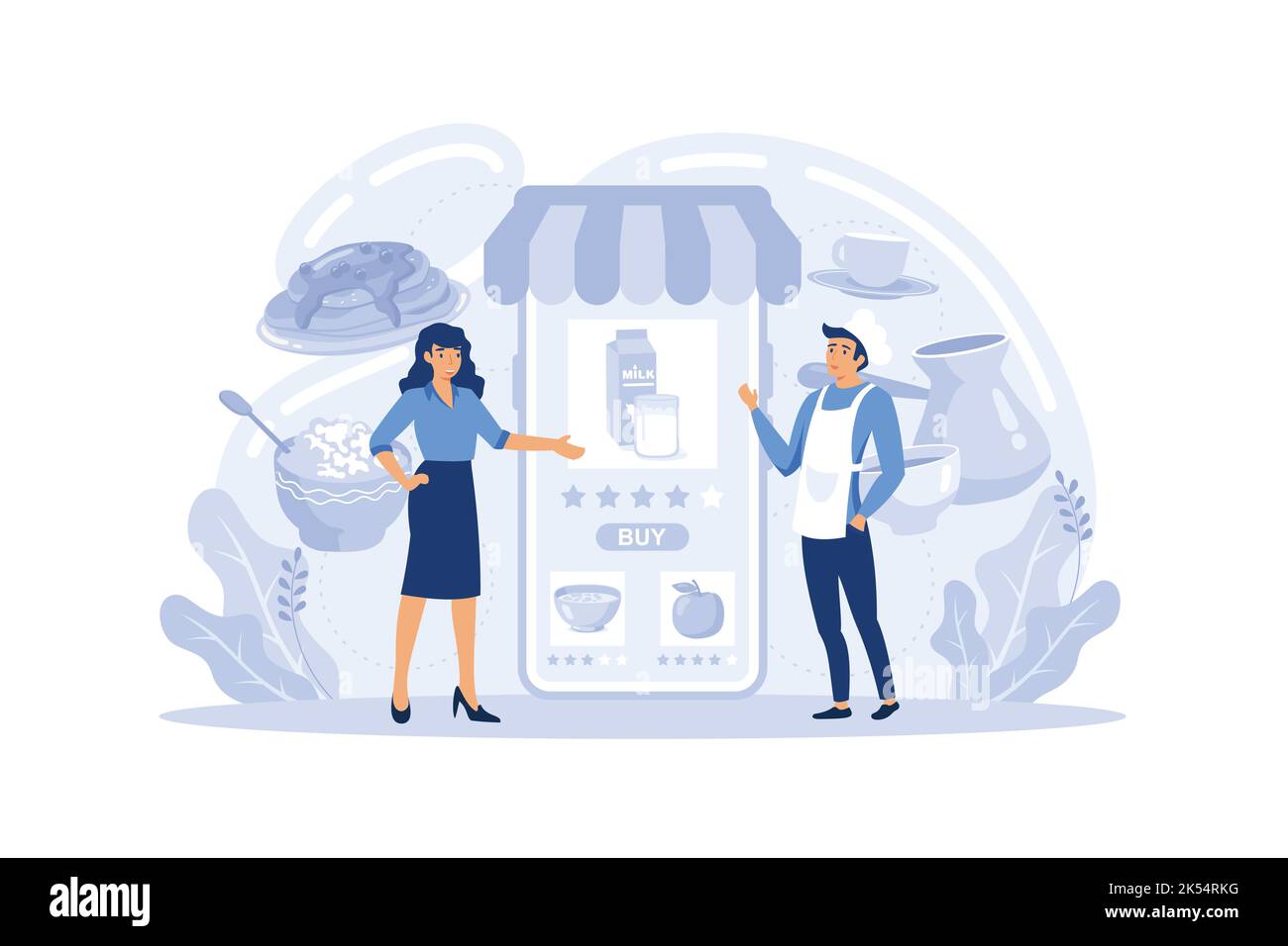 Vector illustration. Order food online. App on mobile phone. Fresh Groceries. Food Delivery ...