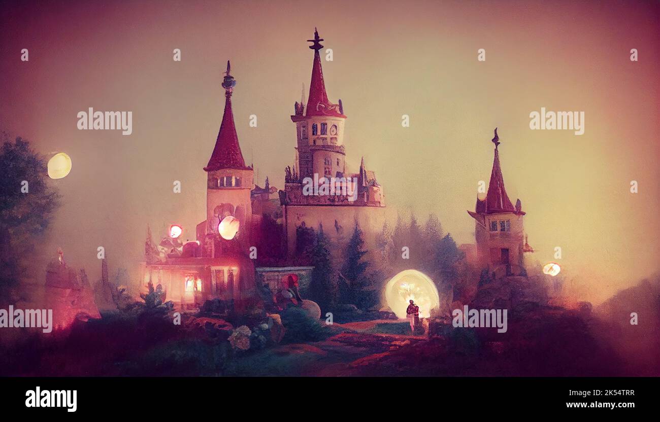 A digital drawing of a castle with beautiful lanterns on a blurry pink ...