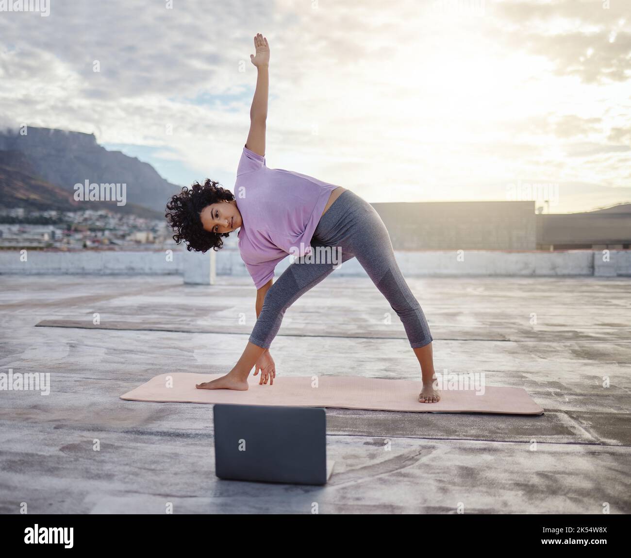 Yoga, balance and online tutorial with black woman fitness or exercise ...