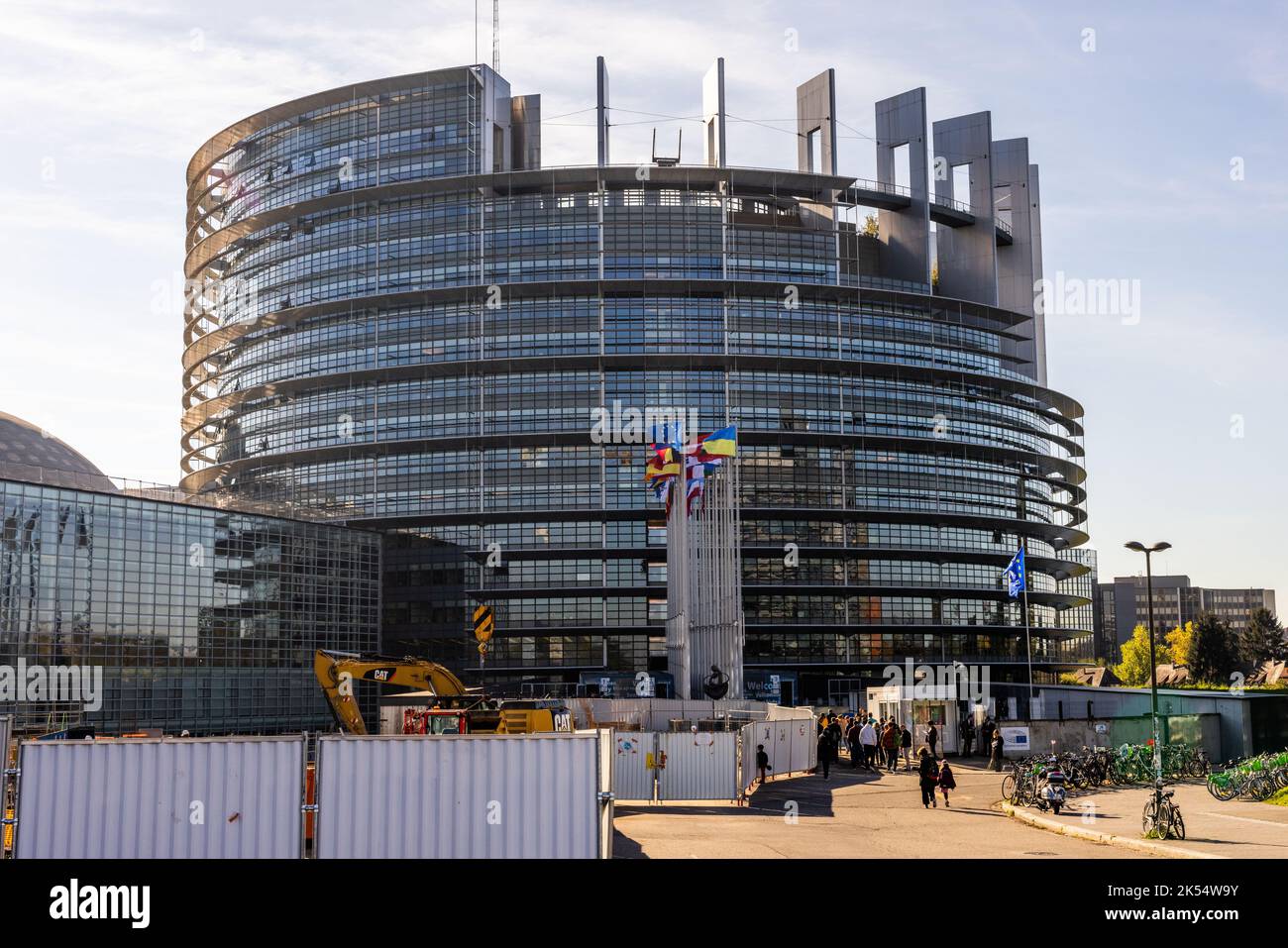 05 October 2022, France, Straßburg: The flags of the European Union ...