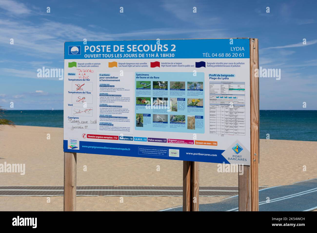 An emergency station sign on Le Barcares beach, France Stock Photo - Alamy