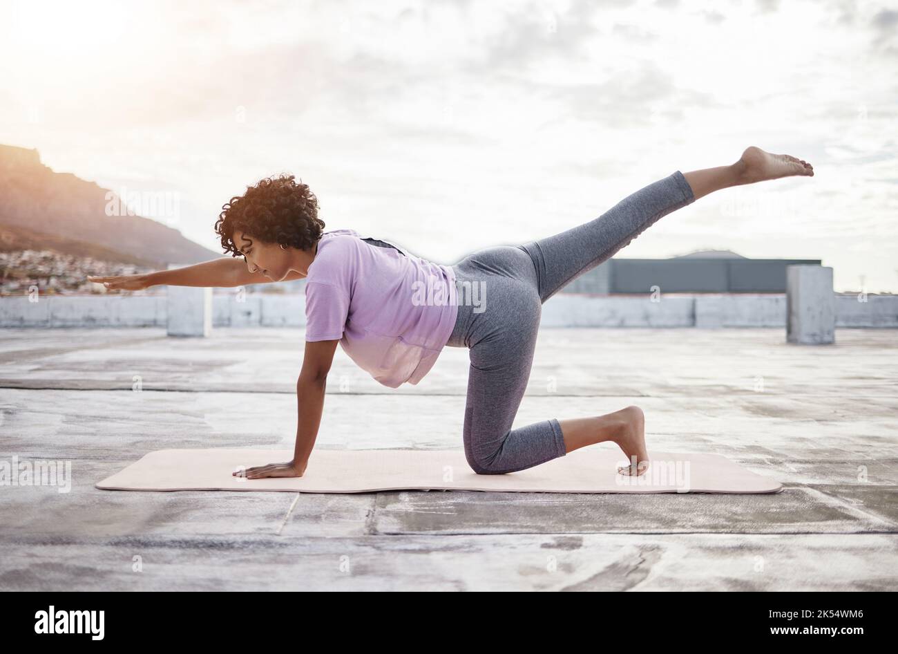 Stretching, balance and yoga woman outdoor mockup and training for ...