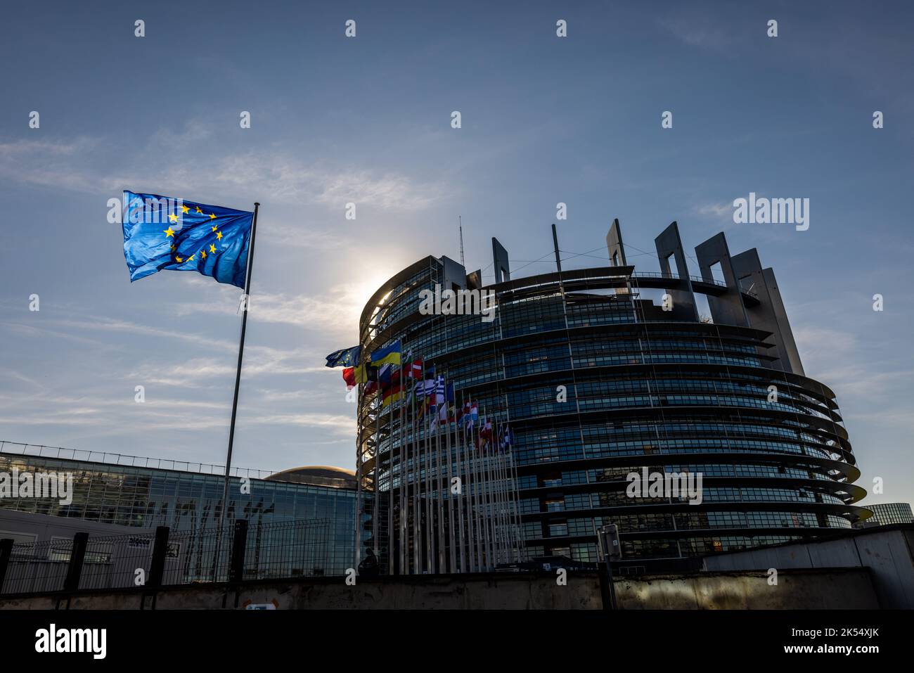 05 October 2022, France, Straßburg: The flags of the European Union ...