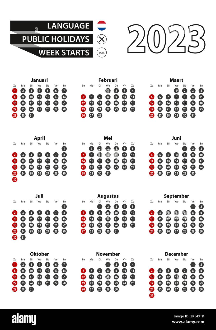 Dutch calendar 2023 with numbers in circles, week starts on Sunday ...