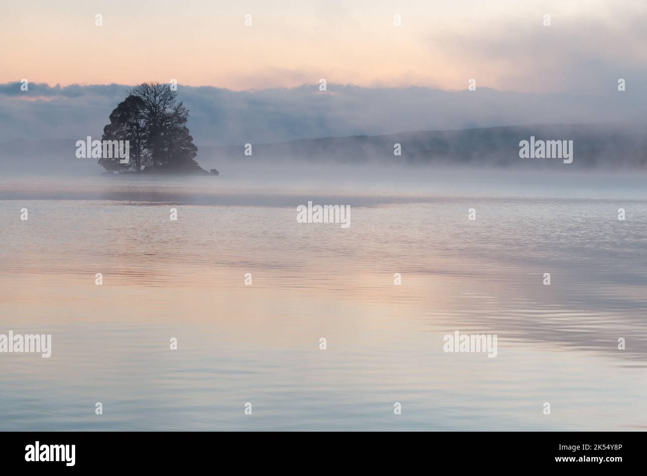 Pale dawn sunlight reflecting on misty lake with island Stock Photo - Alamy
