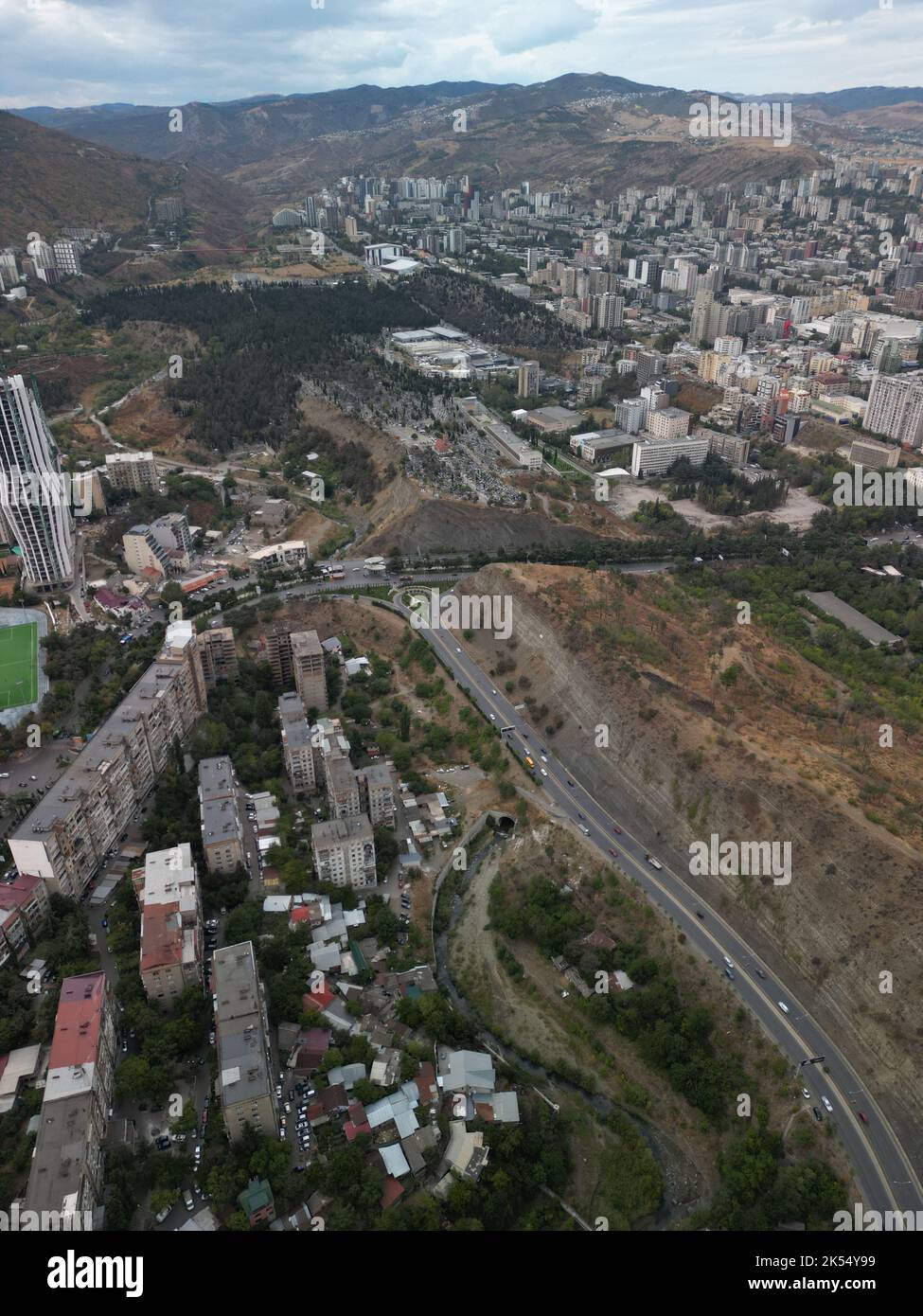 A vertical aerial drone view of Vaka and Saburtala districts in Tbilisi ...