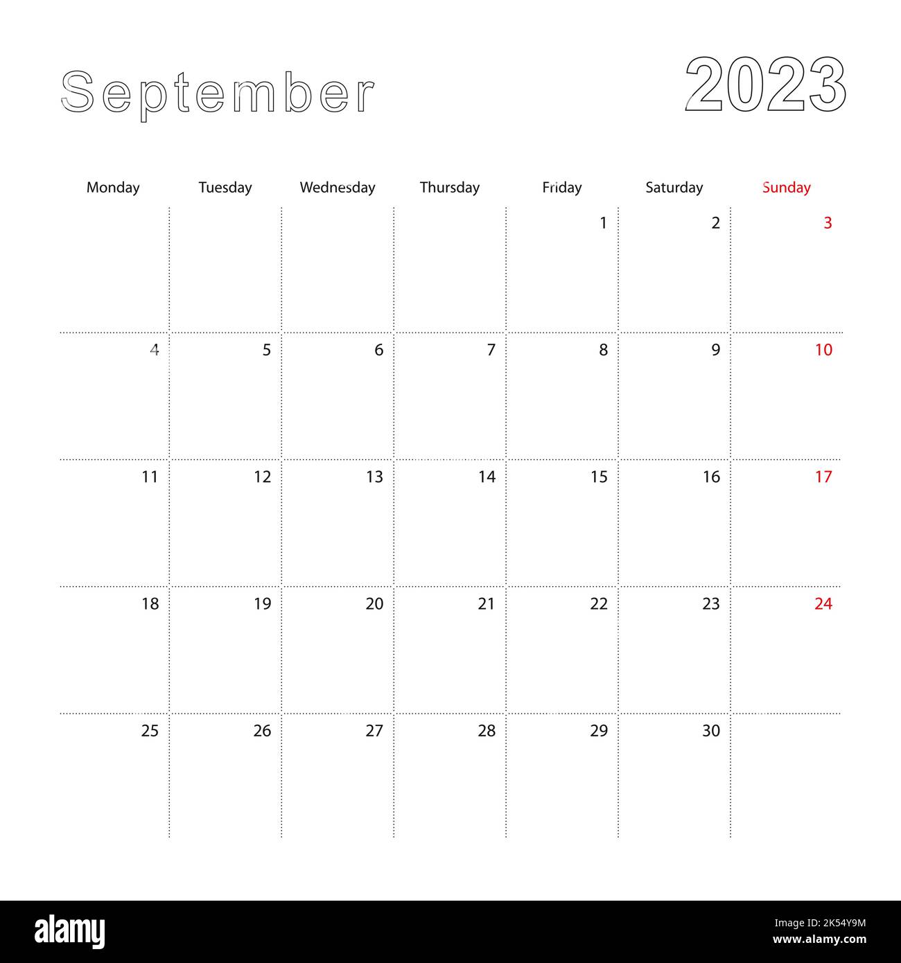 Simple wall calendar for September 2023 with dotted lines. The calendar ...