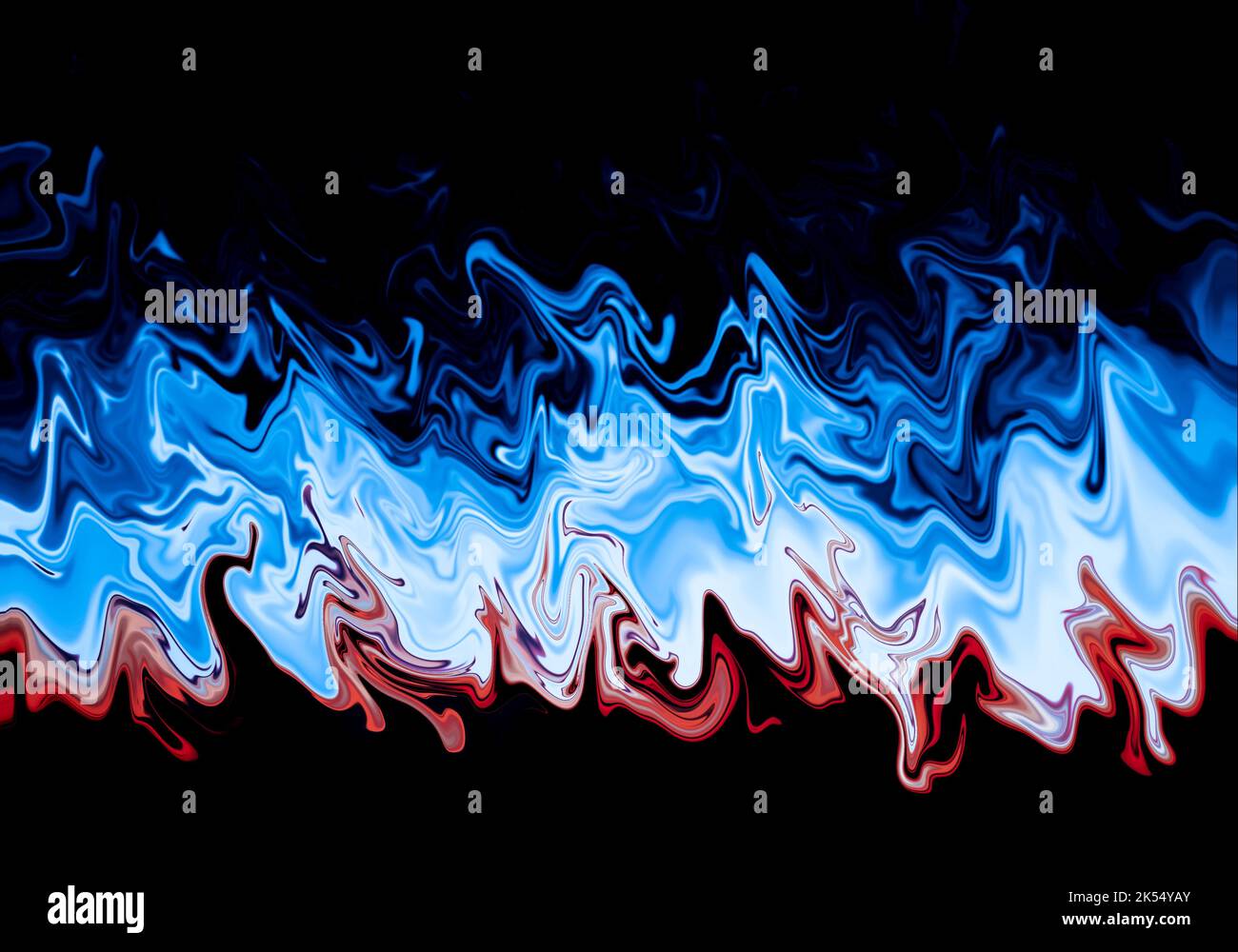 Abstract blue and red fluid liquid marble wavy flame texture on a black ...