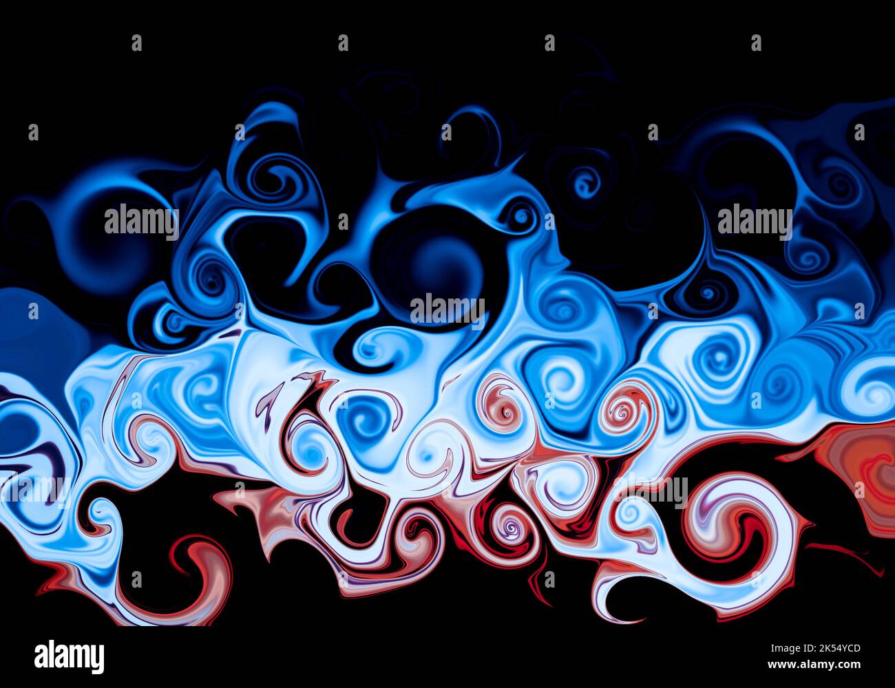 Abstract blue and red fluid liquid swirling marble flame texture on a ...