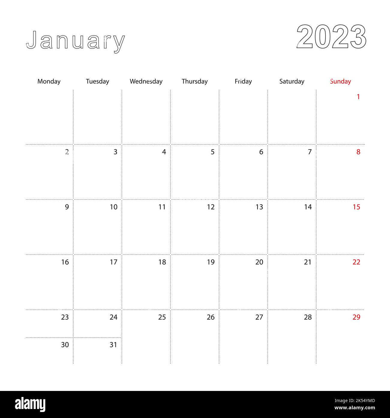 Simple wall calendar for January 2023 with dotted lines. The calendar ...