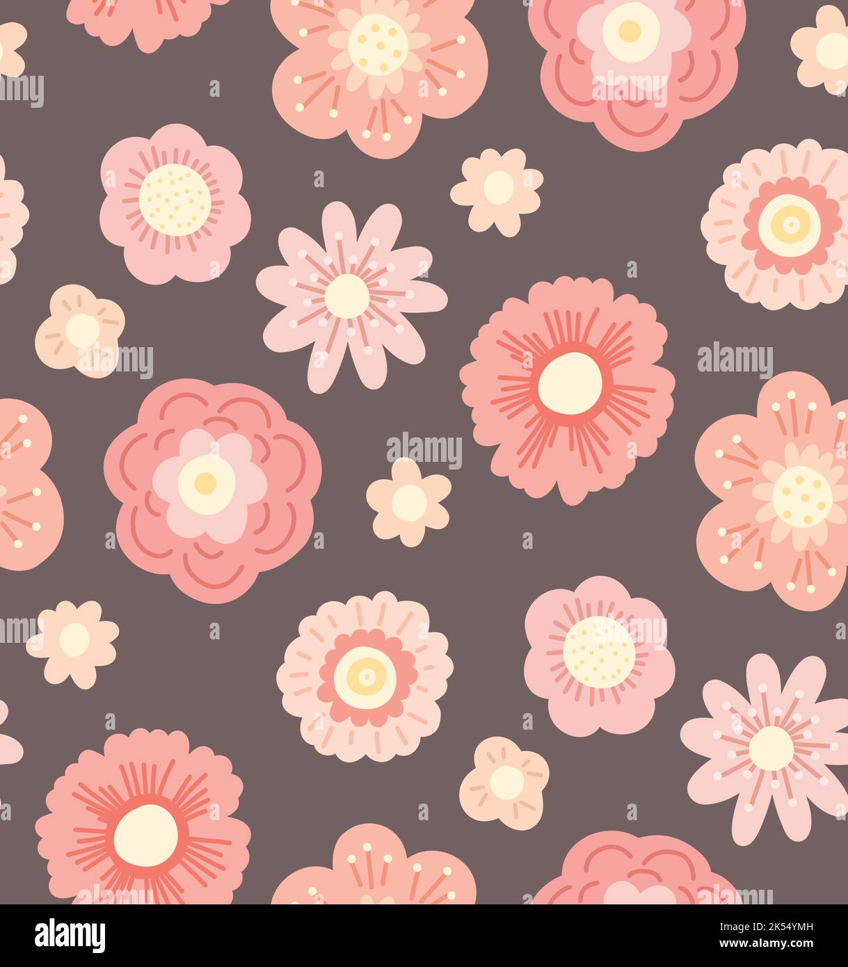 Delicate pattern with flat hand drawn flowers on a dark background ...