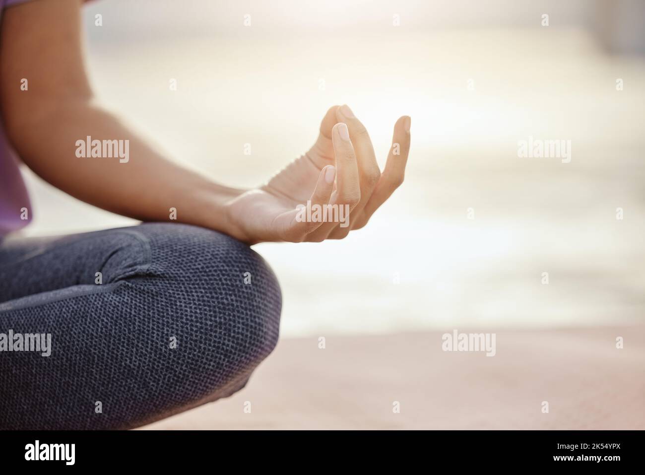 Woman, hands and meditation mudra for mental health wellness, chakra ...
