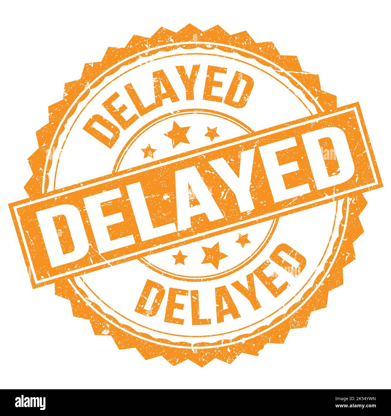 DELAYED text written on orange round stamp sign Stock Photo - Alamy