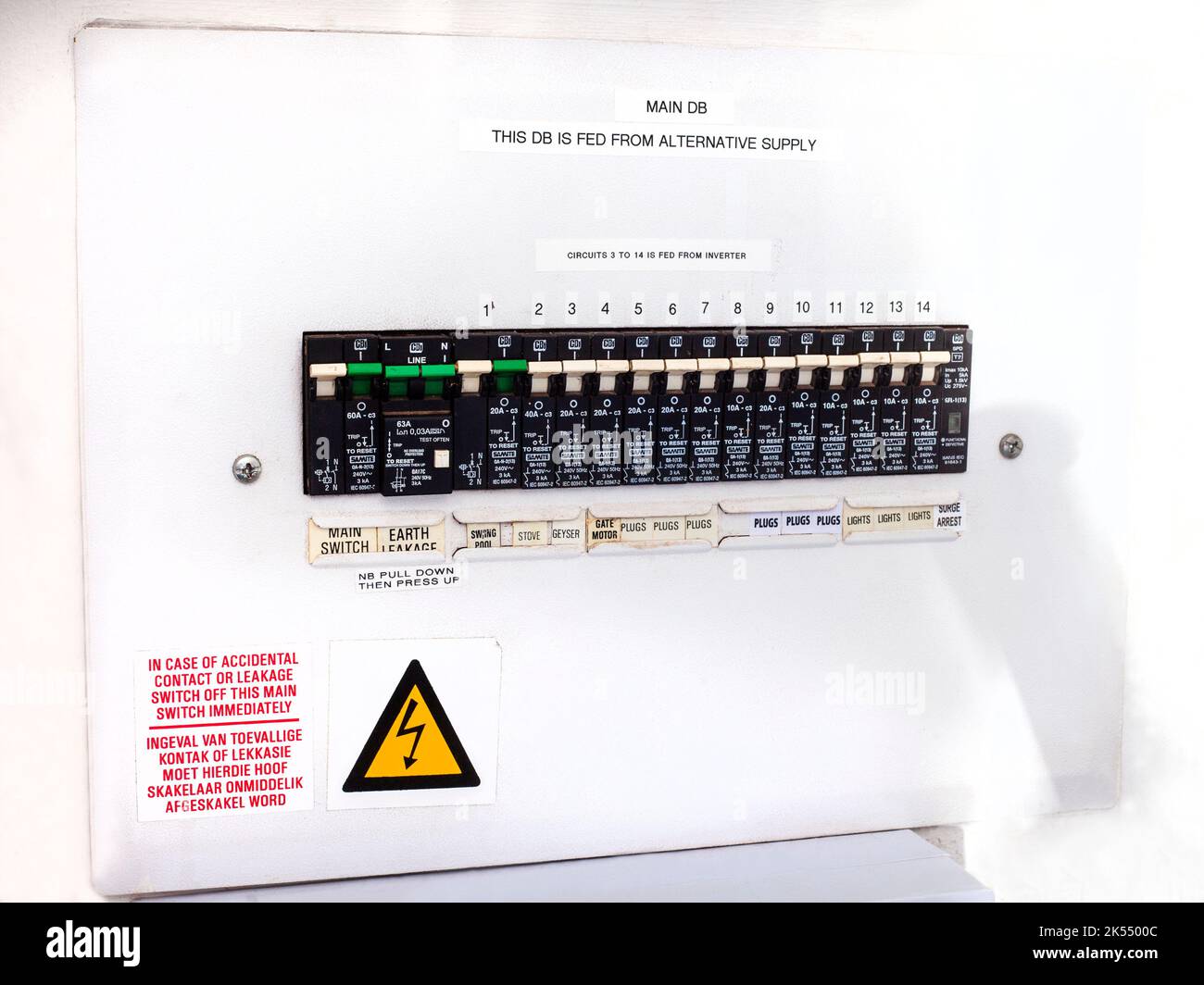 Main electricity distribution board connected to alternative power ...