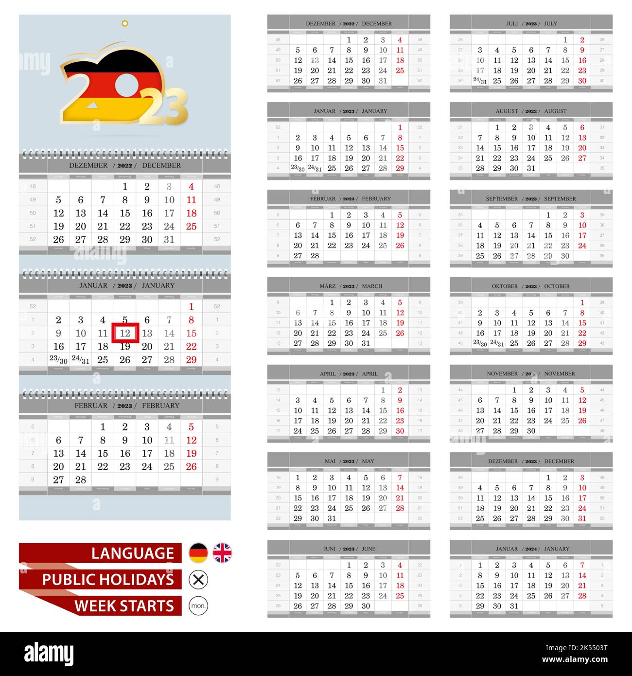 Wall calendar planner template for 2023 year. Germany and English ...