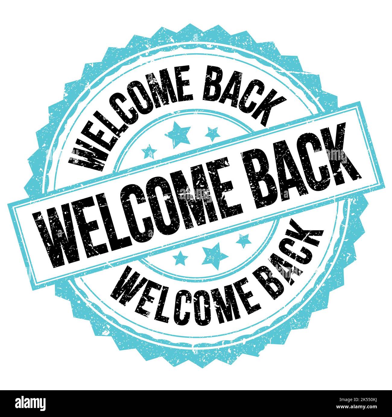 WELCOME BACK text written on blue-black round stamp sign Stock Photo ...