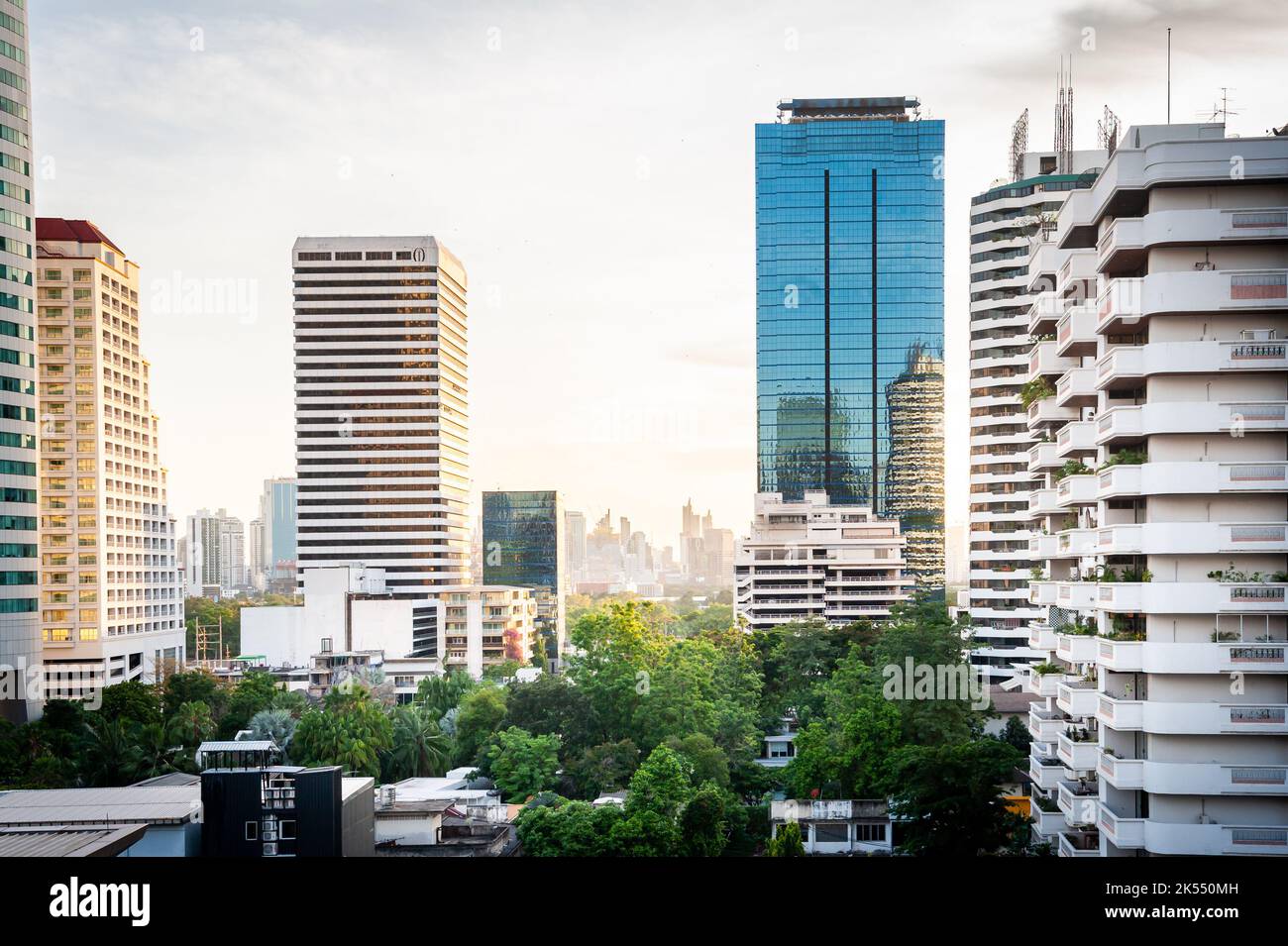 The view from Soi 19 Sukhumvit, Bangkok, Thailand looking west over the high rise condominiums ...