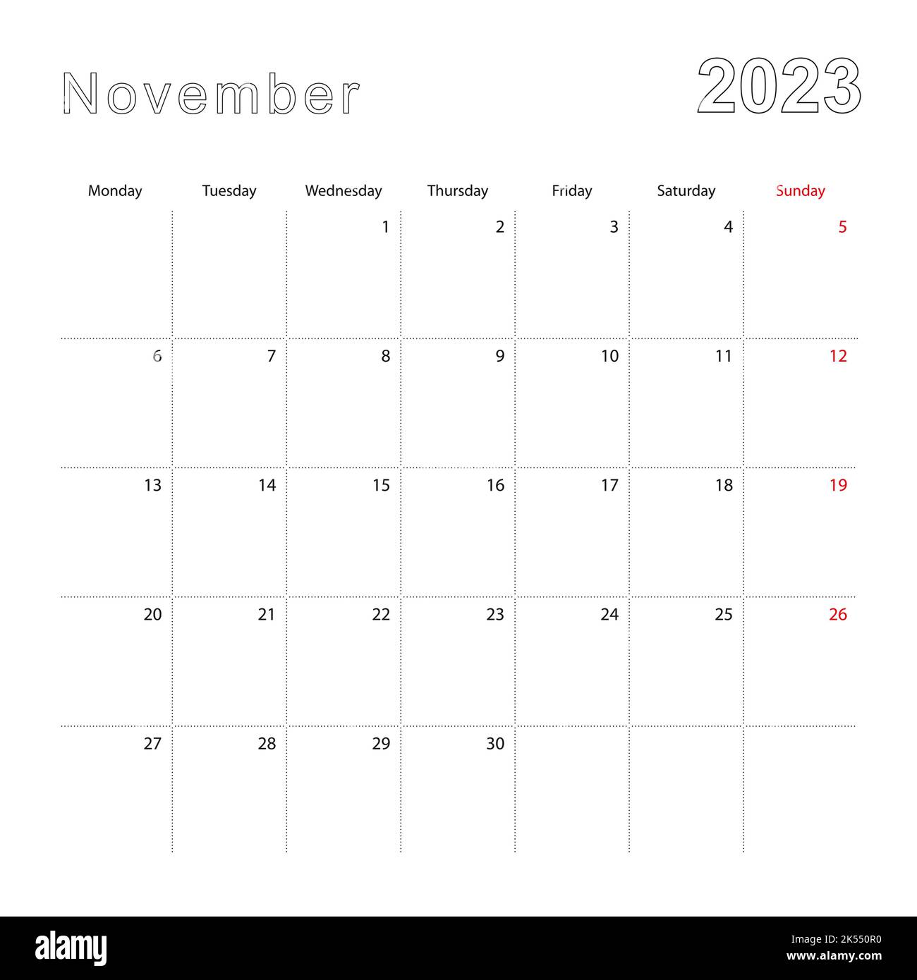 Simple wall calendar for November 2023 with dotted lines. The calendar ...