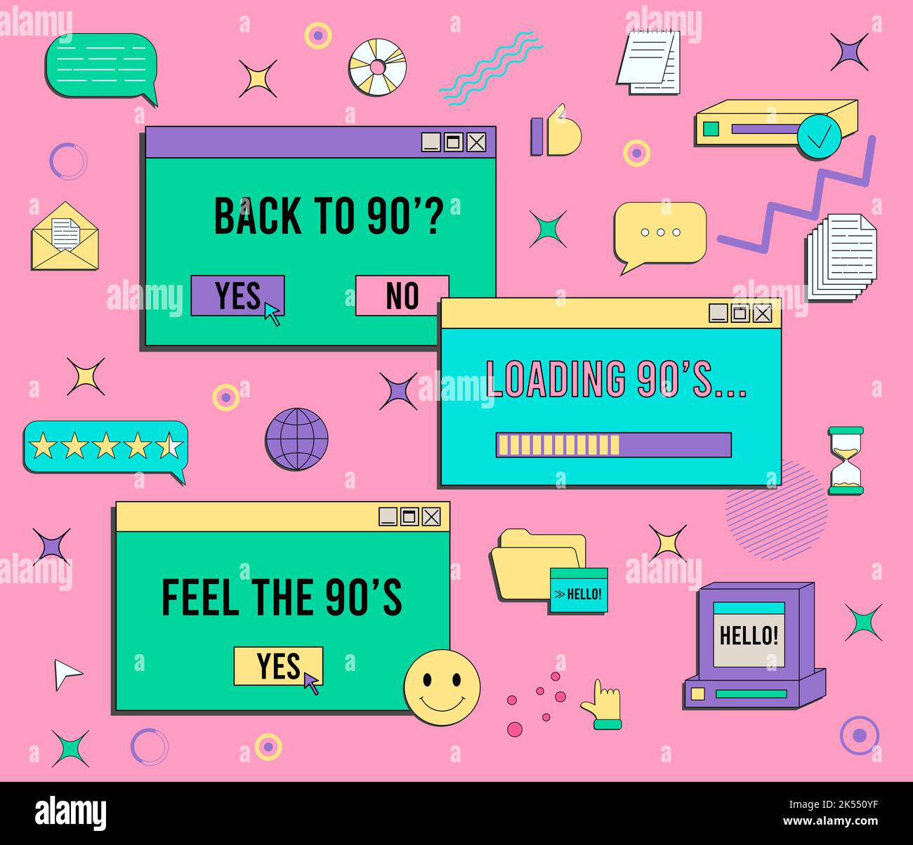 Set of vaporwave UI and UX elements. PC retro game frame. Nostalgic ...
