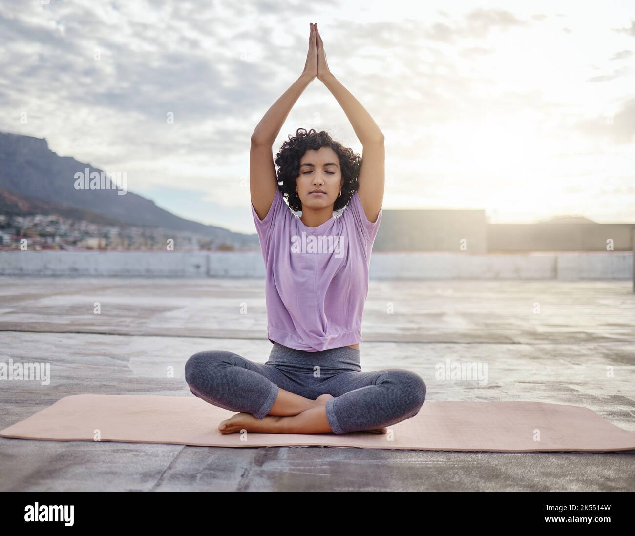 Yoga meditation, focus and woman praying for wellness, gratitude and ...