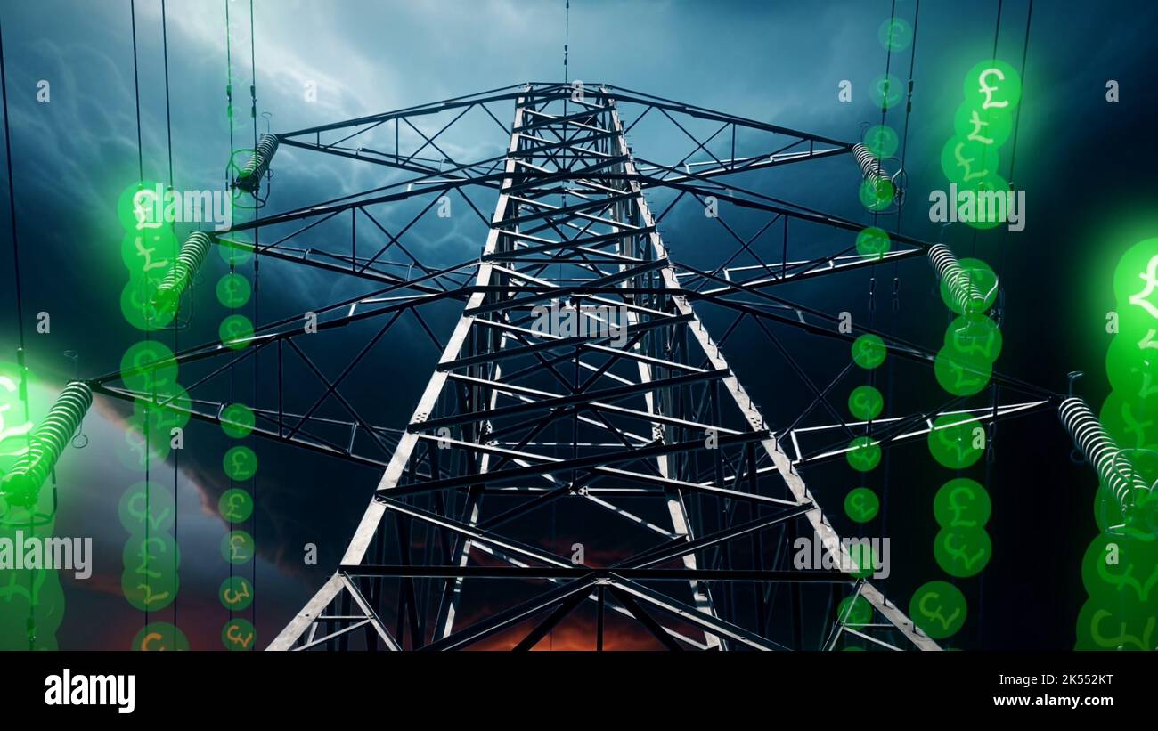 British pound £ symbol running down electricity power lines showing the ...
