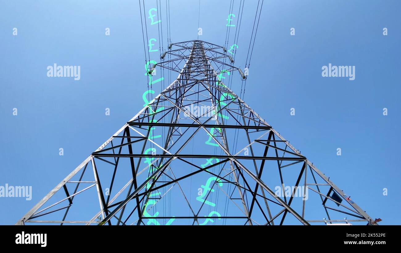 British £ pound symbol running down a electricity pylon showing the ...
