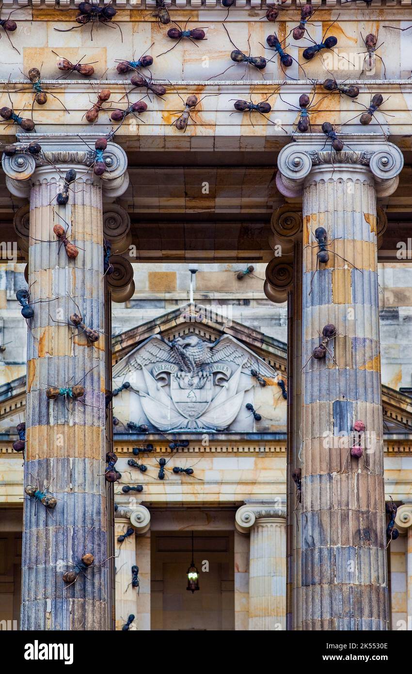 Colombia, Bogota Ants made out of artificial sculls crowl on the ...
