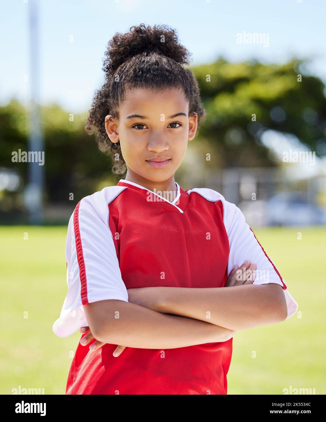 Black young girl, portrait on soccer field outdoor stadium and ...