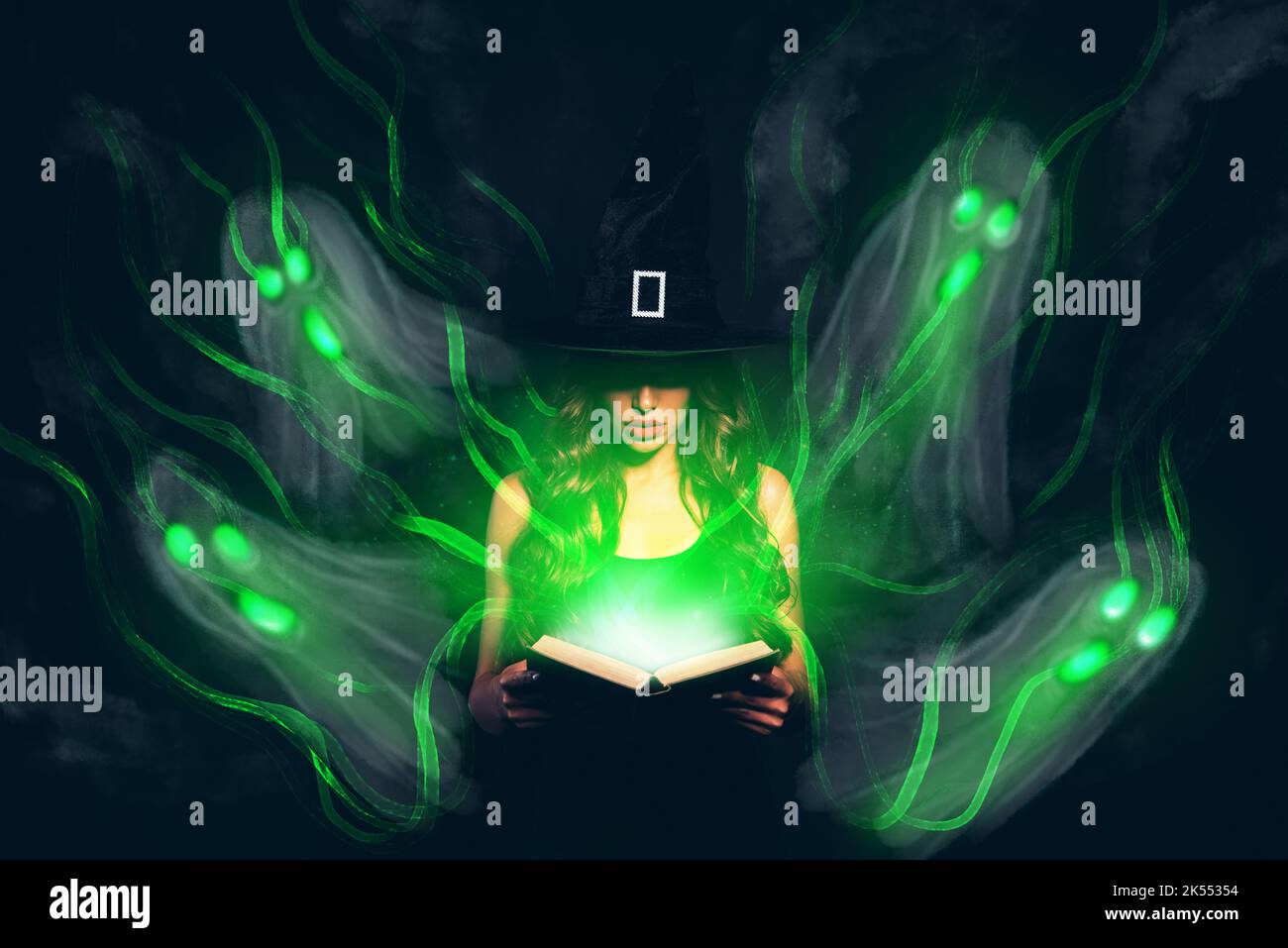 Creative retro 3d magazine image of scary witch reading spell book ...