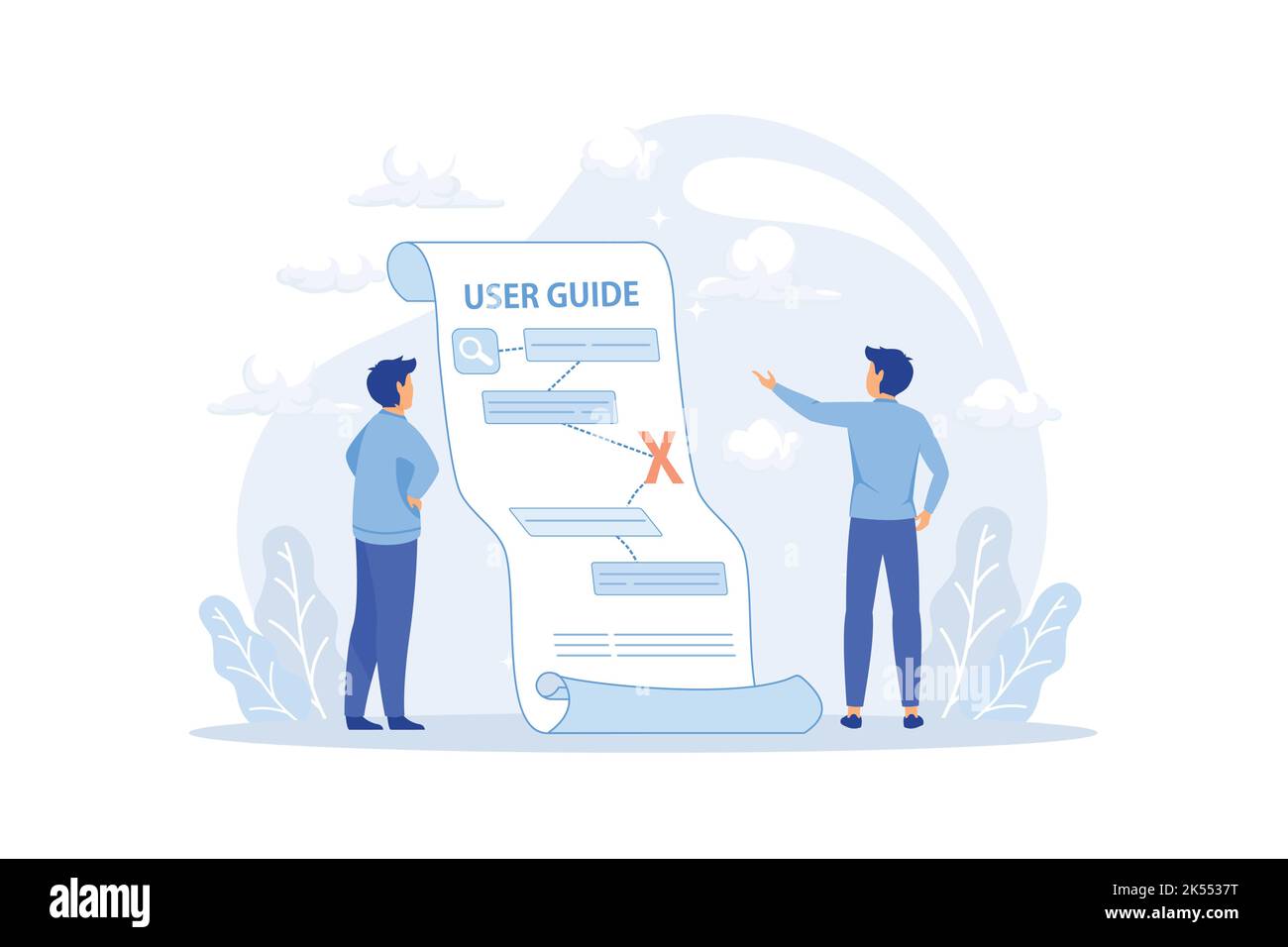 Male and female characters are studying computer manual book together ...