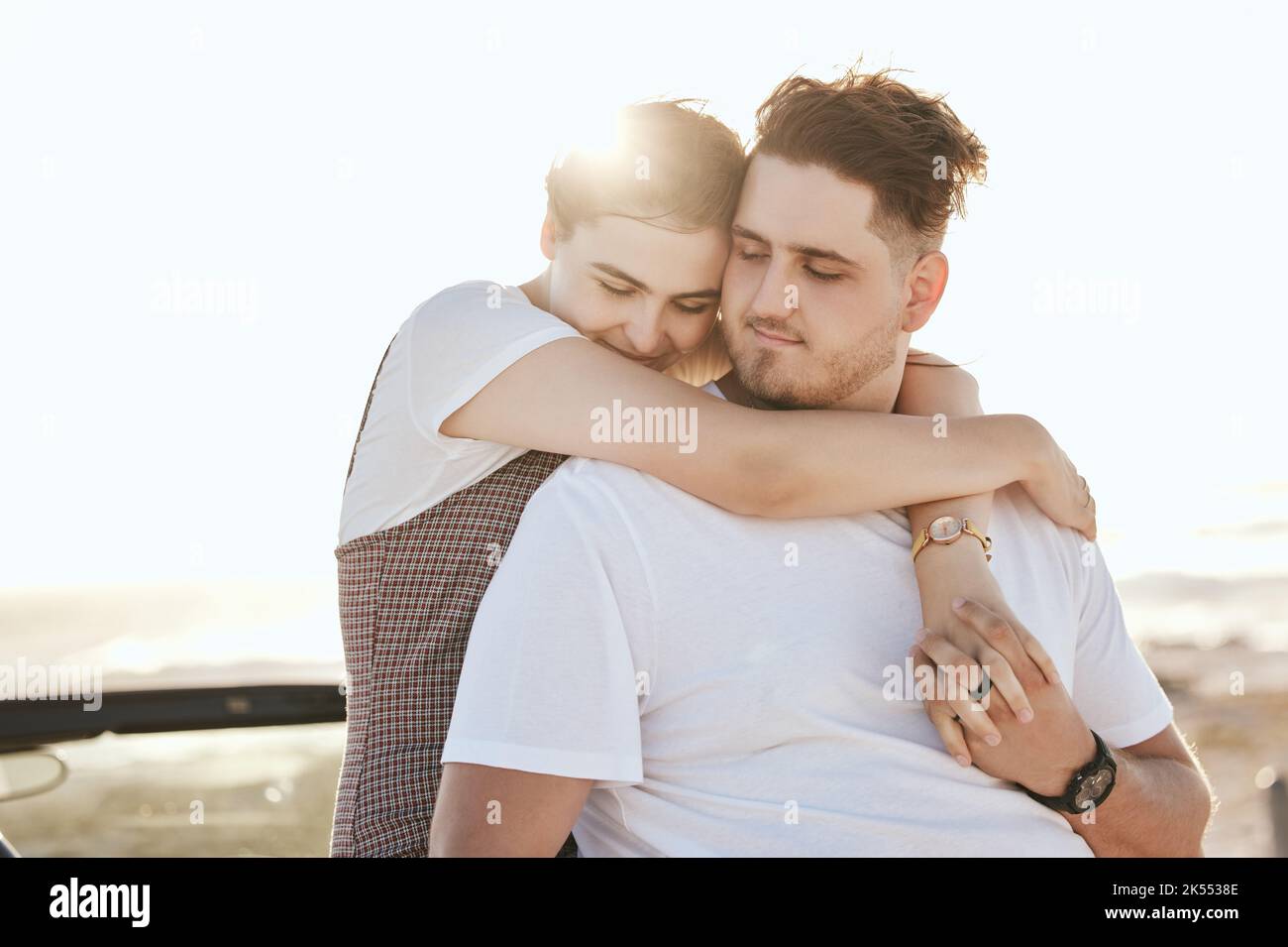 Love, hug and relax couple on car for peace, freedom and sun on ...