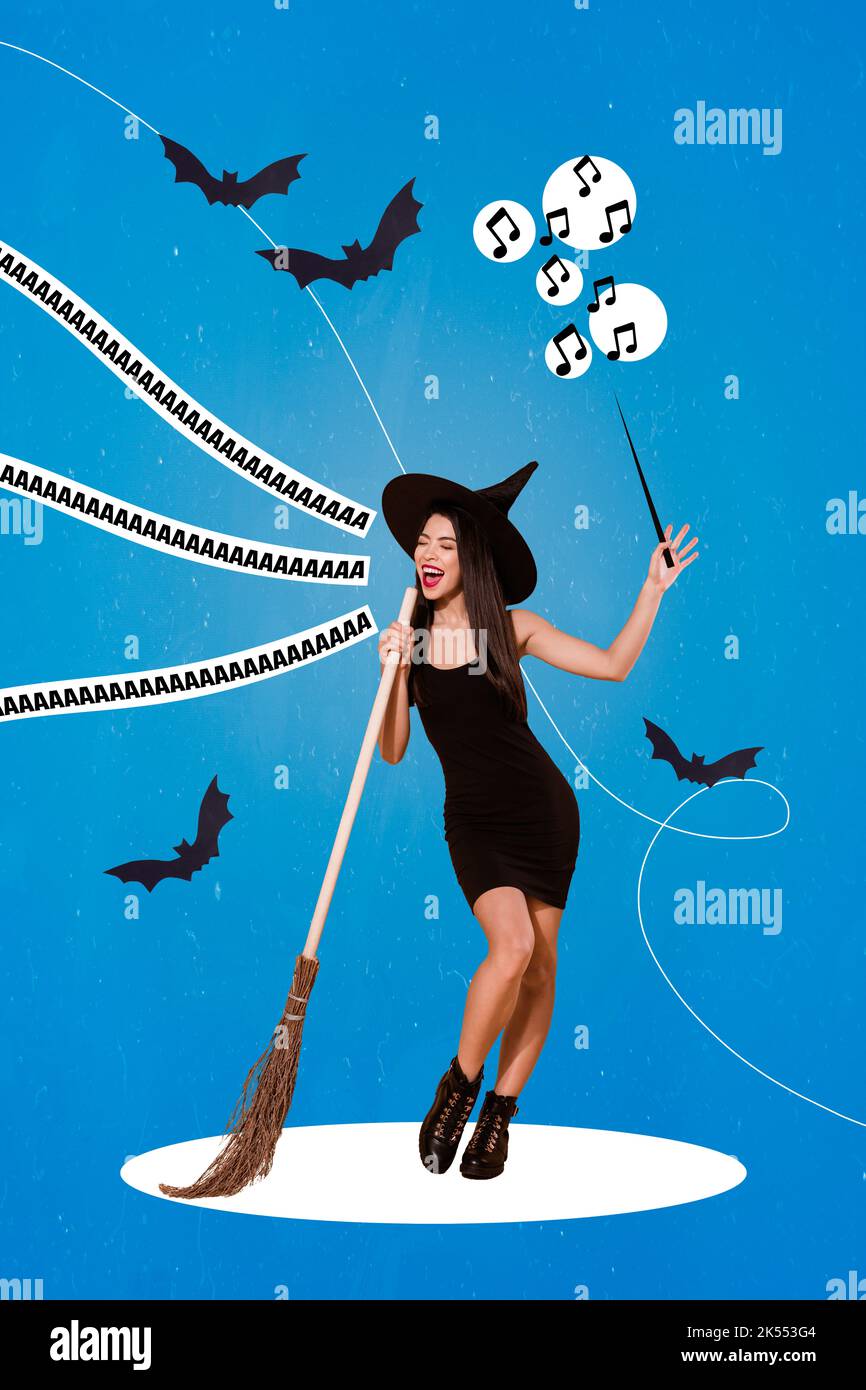 Creative 3d collage artwork postcard sketch of attractive witch enjoy ...