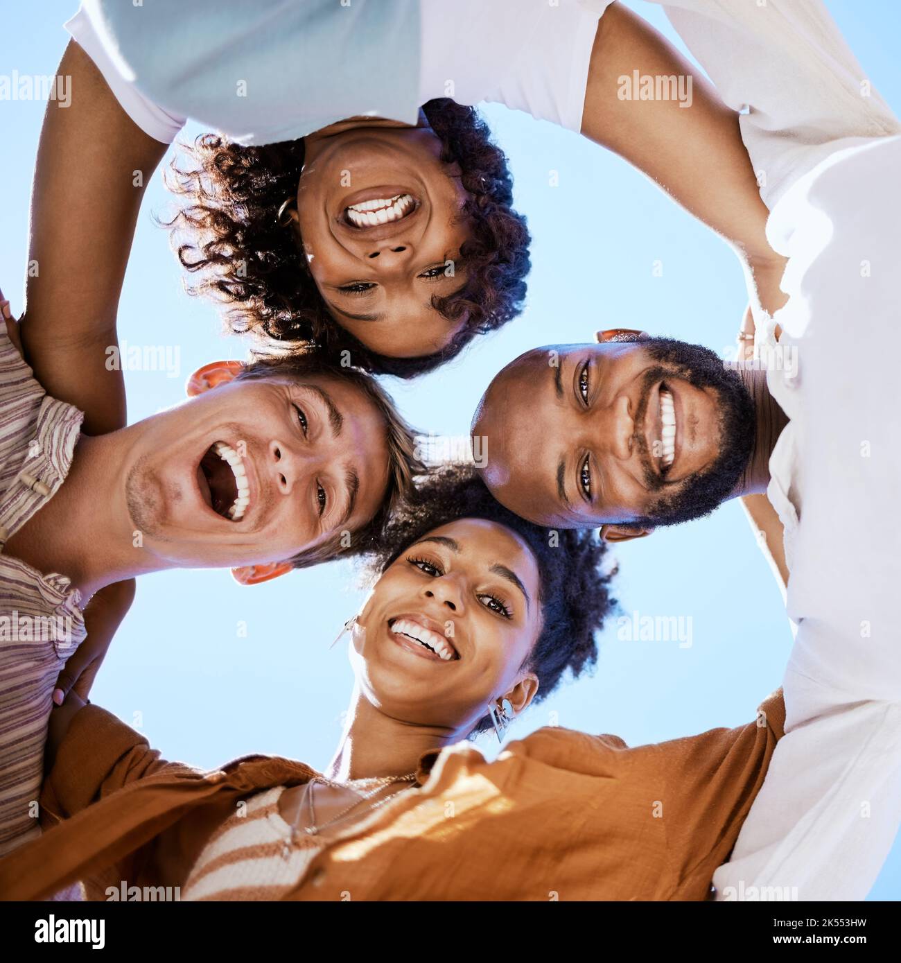 Support, friends and friendship circle with happy, relax and cheerful ...