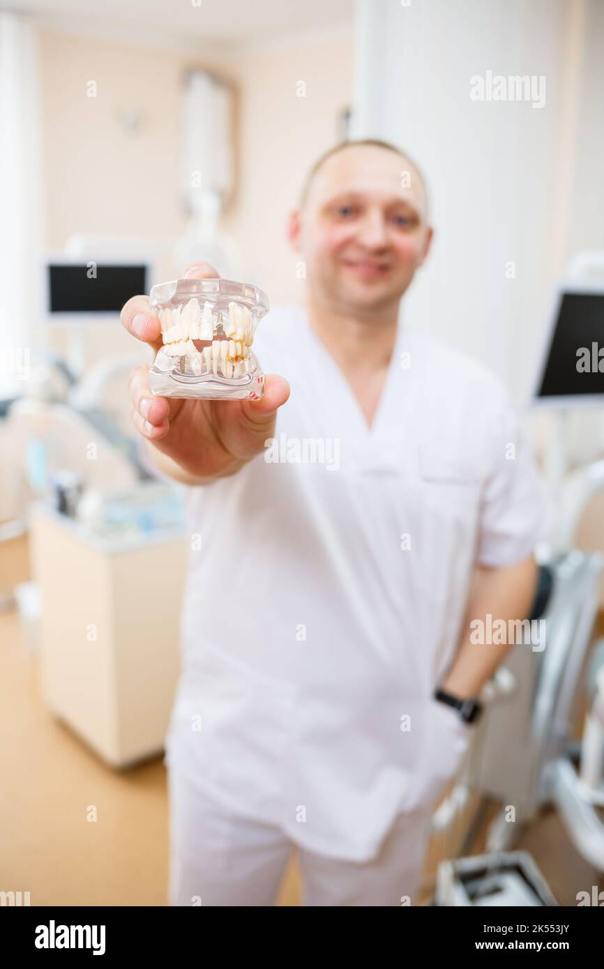 Teaching model of a tooth and a professional instrument. Close up of ...