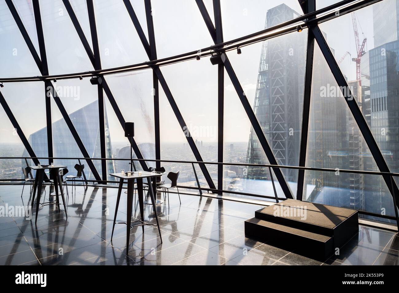 The interior of the glass dome at the very top of The Gherkin building ...