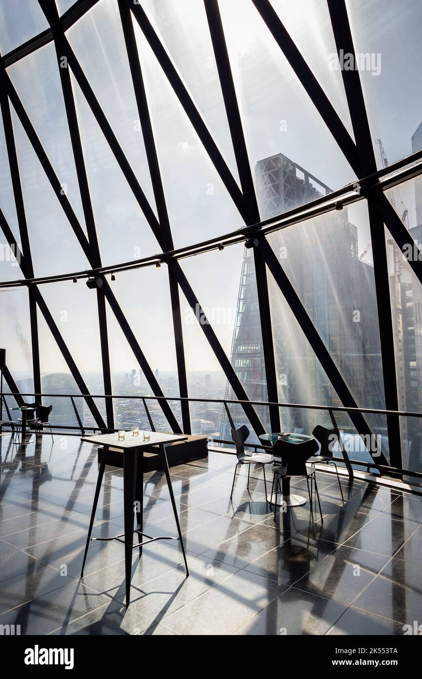 The interior of the glass dome at the very top of The Gherkin building ...