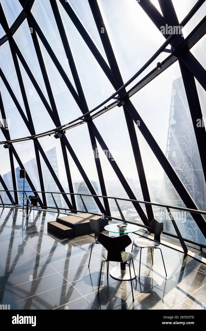 The interior of the glass dome at the very top of The Gherkin building ...
