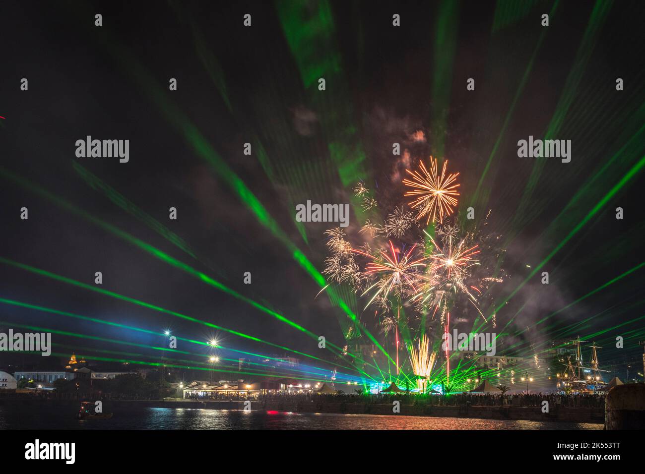 Night photo of the fireworks from the sea station in Varna Stock Photo ...