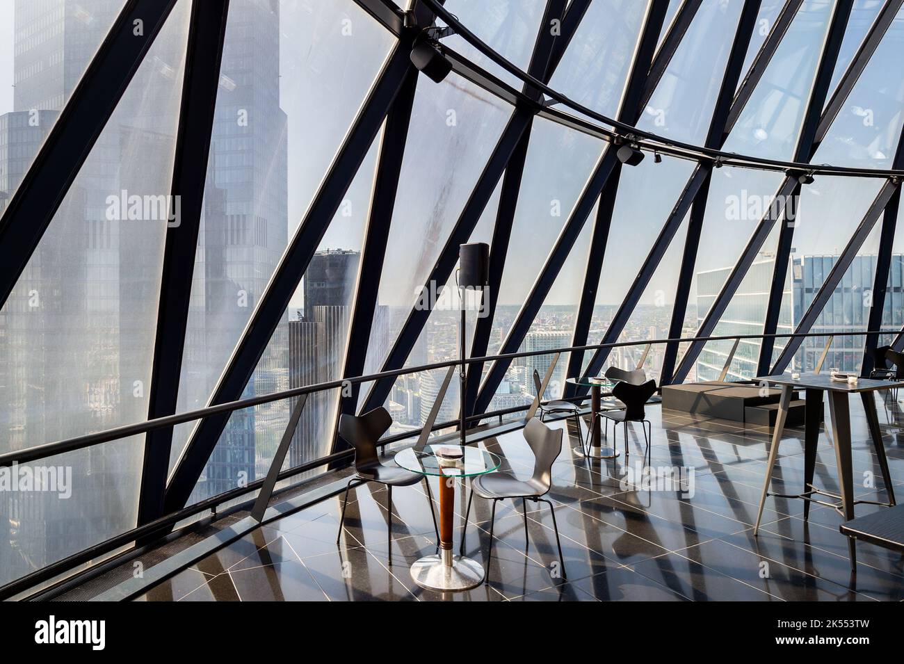 The interior of the glass dome at the very top of The Gherkin building ...