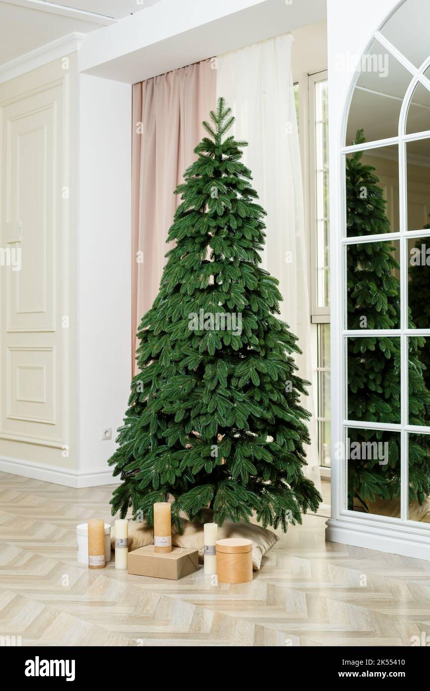An unadorned Christmas tree with gifts underneath. Good New Year spirit ...