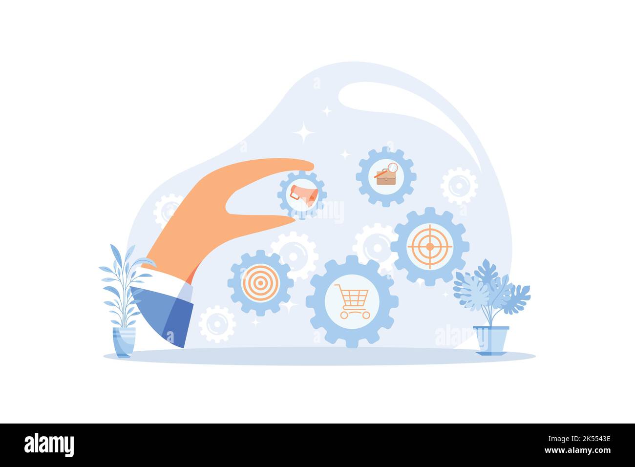 Asset management concept. Set mechanism cogwheels. Businessman is ...