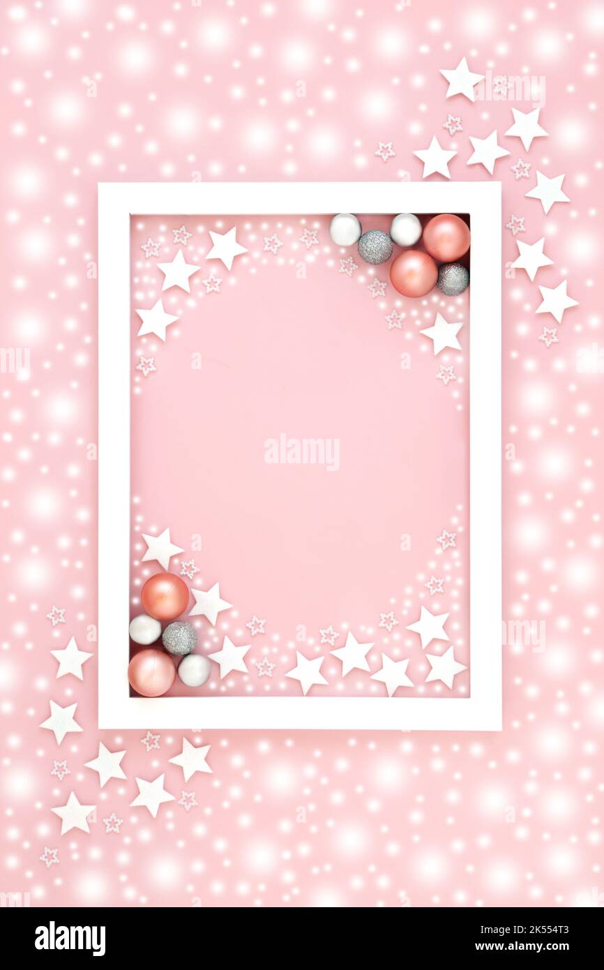 Pink Christmas background border with snow, stars, tree ball bauble ...