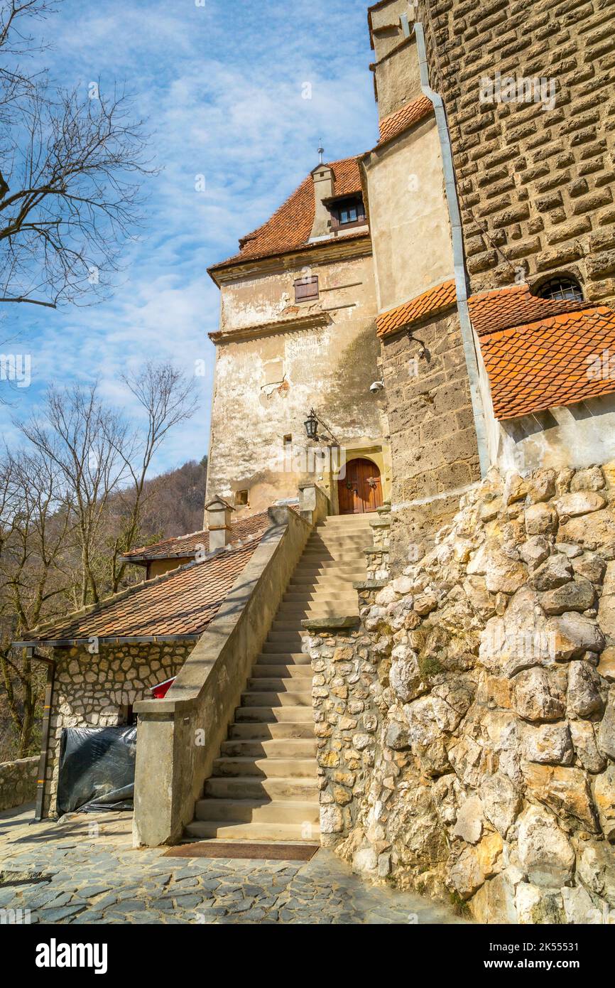 Entrance door courtyard view of Dracula castle in Bran, Romania Stock ...