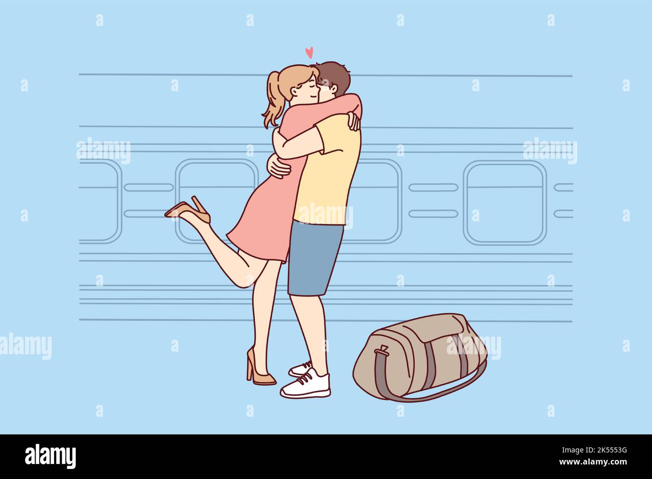 Happy couple hug meet at railway station. Smiling girl embrace guy ...