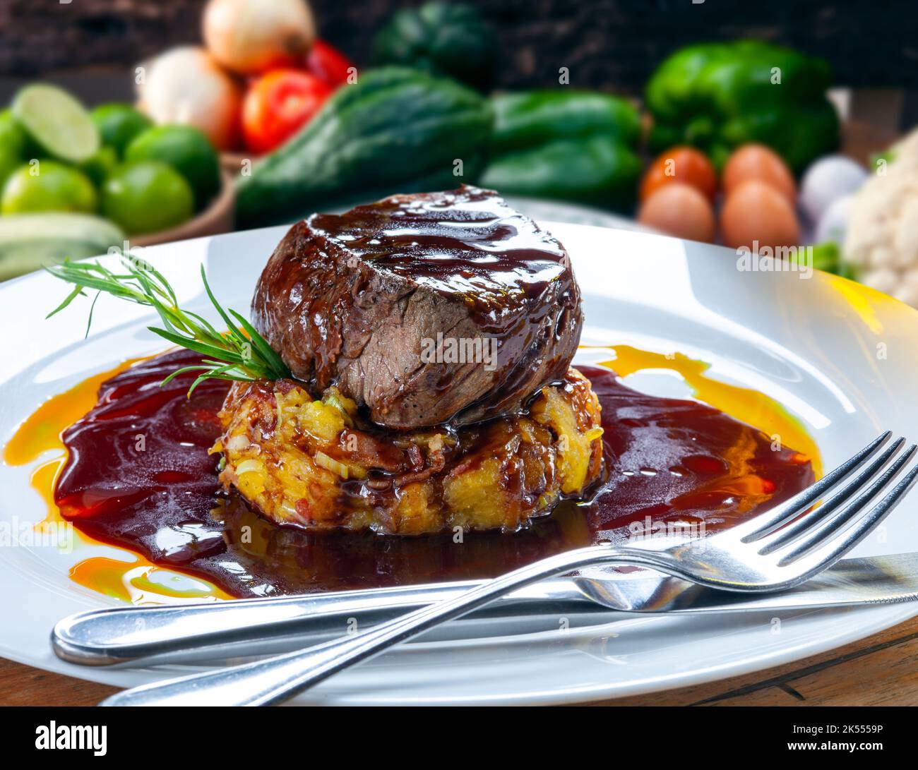 Beef filet mignon steak with wood sauce with potato Stock Photo - Alamy