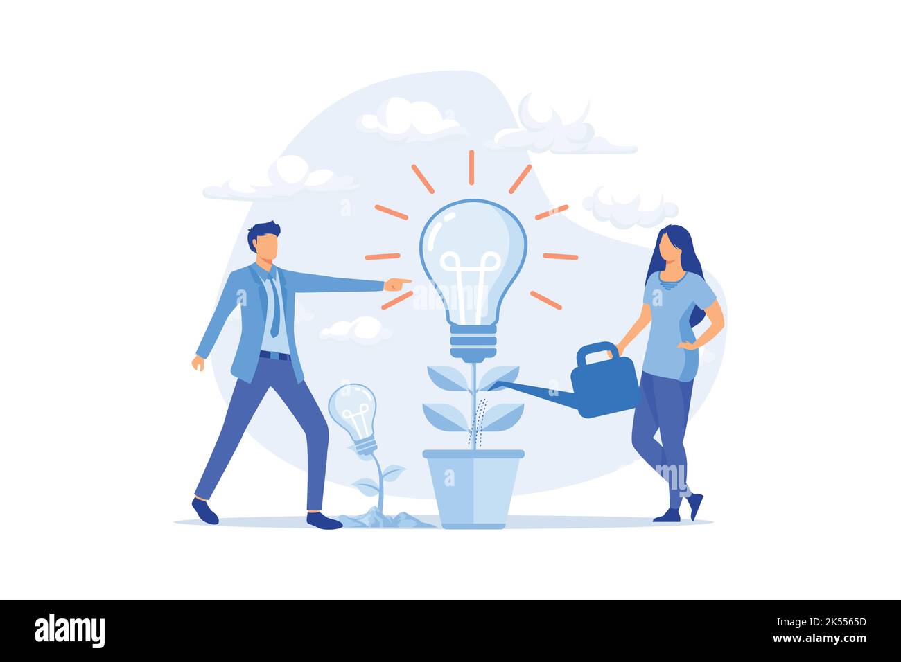 Business team watering innovation plant, growing tree with lightbulb. People having idea for eco ...