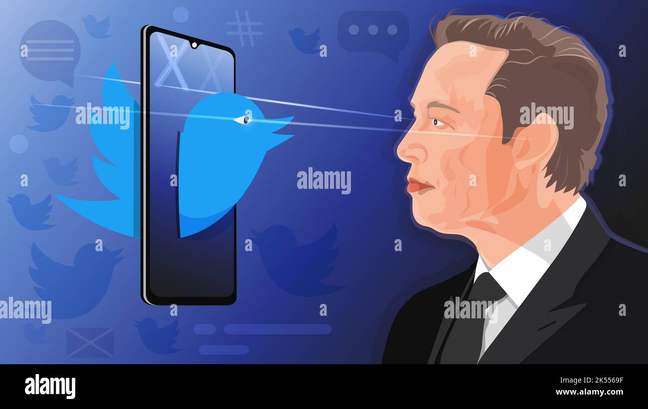 Elon Musk plans to buy Twitter.Editorial illustration of Elon Musk's ...
