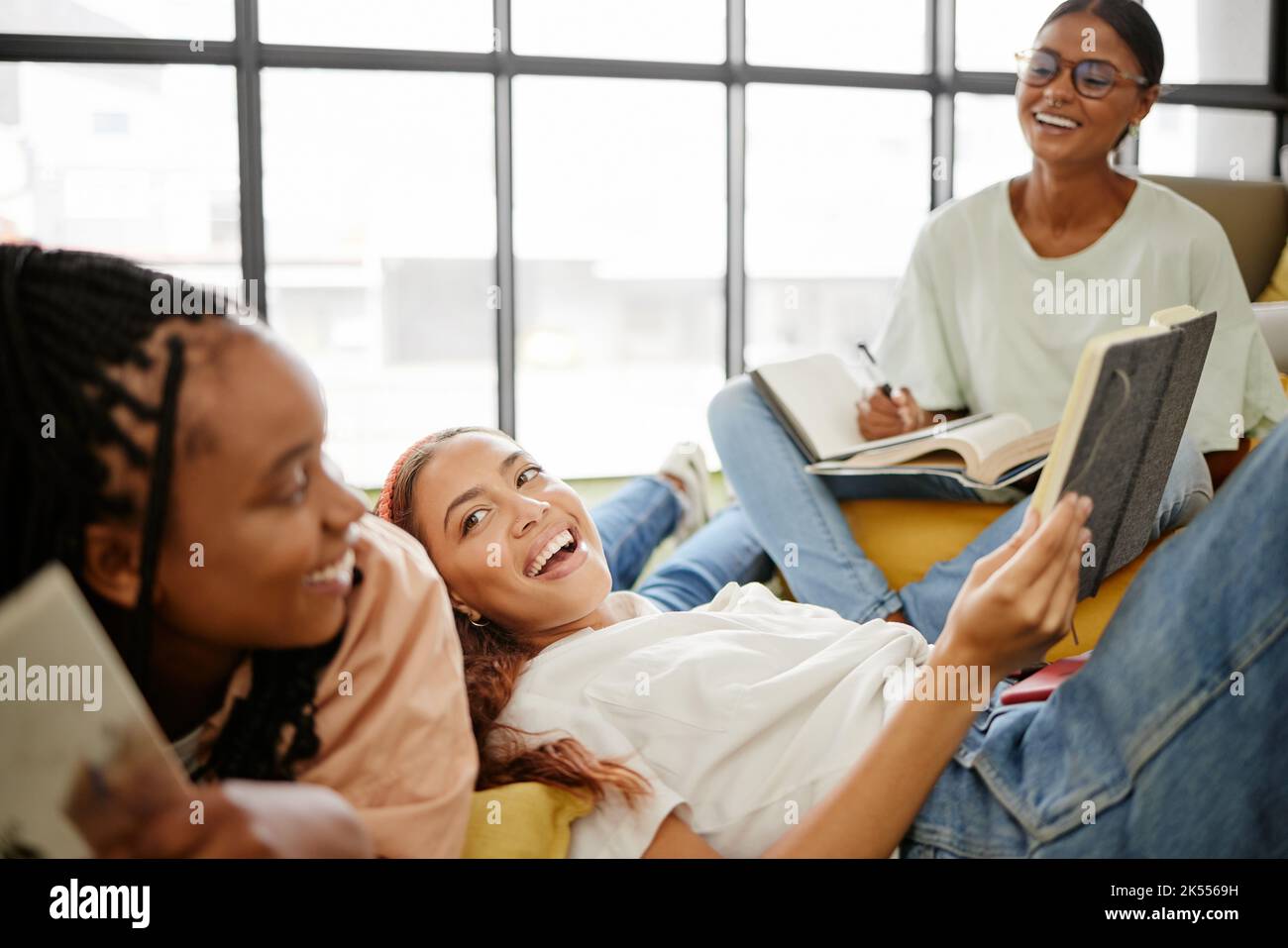 Education, girl and friends in a group to study in preparation for ...