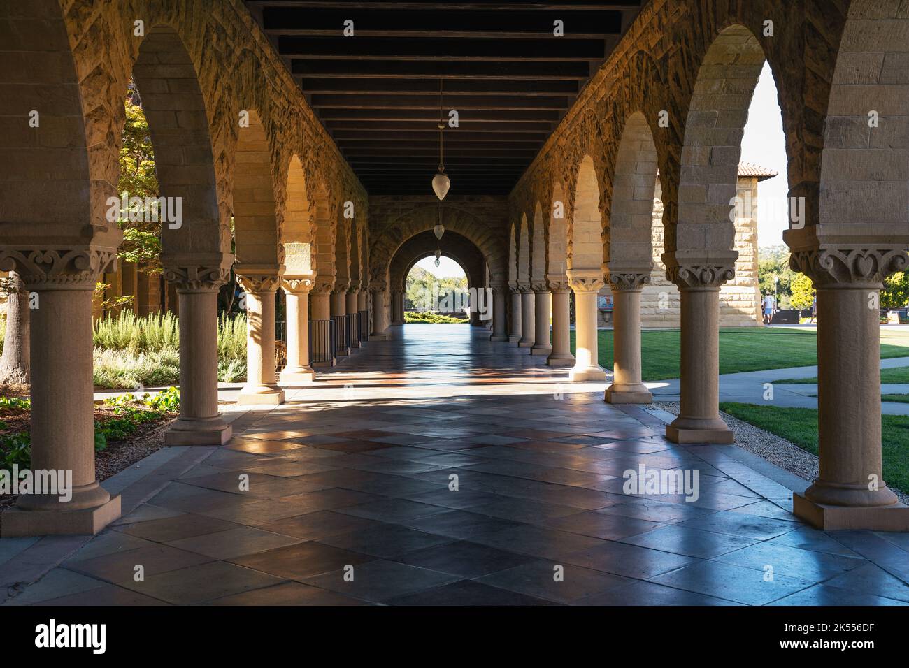 Palo Alto California summer 2022. Empty cloister main quad at Stanford ...