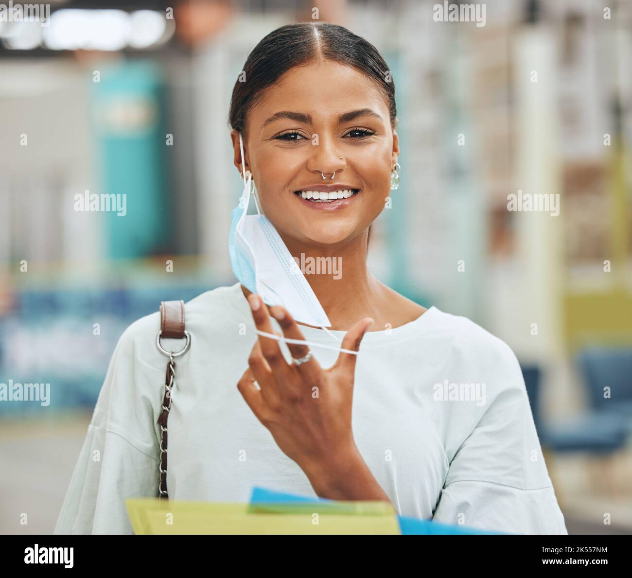 College woman take off face mask for covid freedom at university in ...